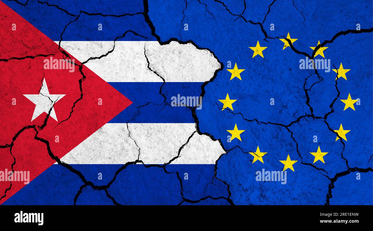 Flags of Cuba and European Union on cracked surface - politics ...