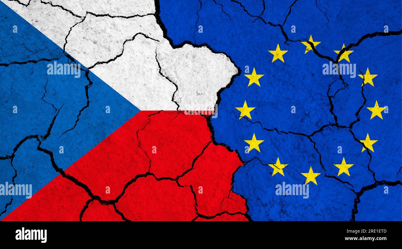 Flags of Czech Republic and European Union on cracked surface ...