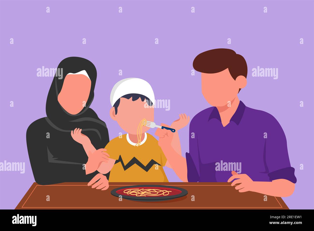 Character flat drawing young Arab family having lunch together in ...
