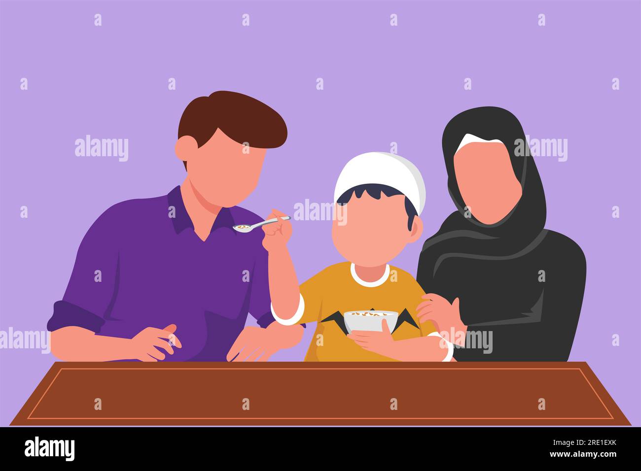 Cartoon flat style drawing of young family having breakfast together ...