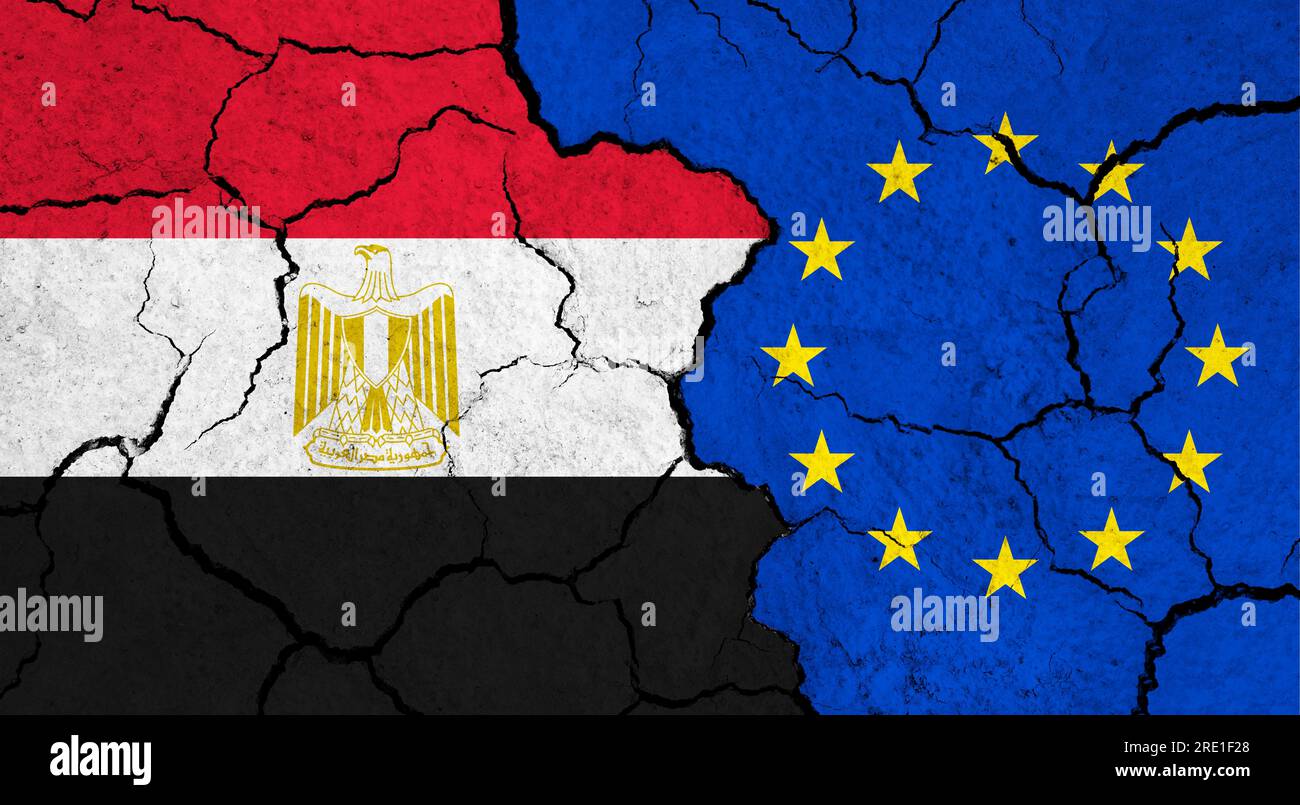 Flags of Egypt and European Union on cracked surface - politics ...