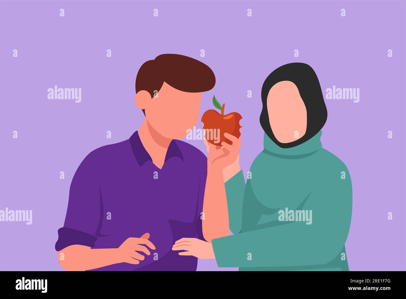 Graphic flat design drawing Arabian couple sharing apple. Man giving ...