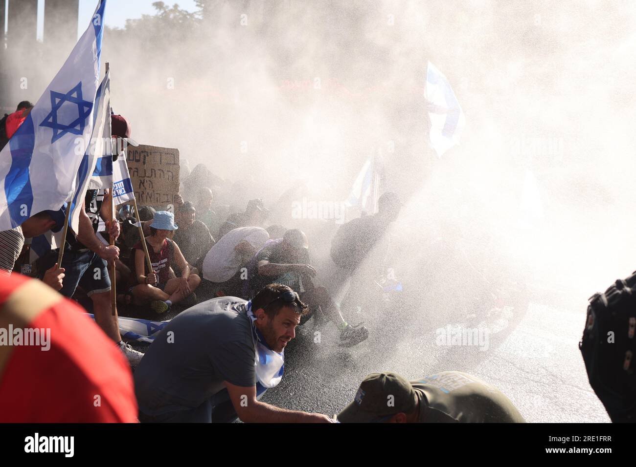 Israeli Police Use A Water Cannon To Disperse Demonstrators Hi Res