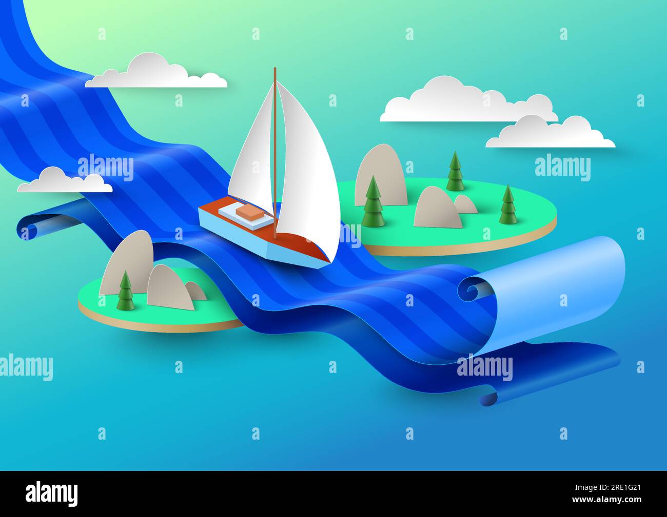 Sea voyage on sailboat vector illustration in papercut style. Creative ...