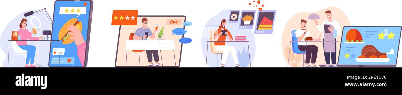 Food critics. Culinary critic or comer foodie social restaurant review ...