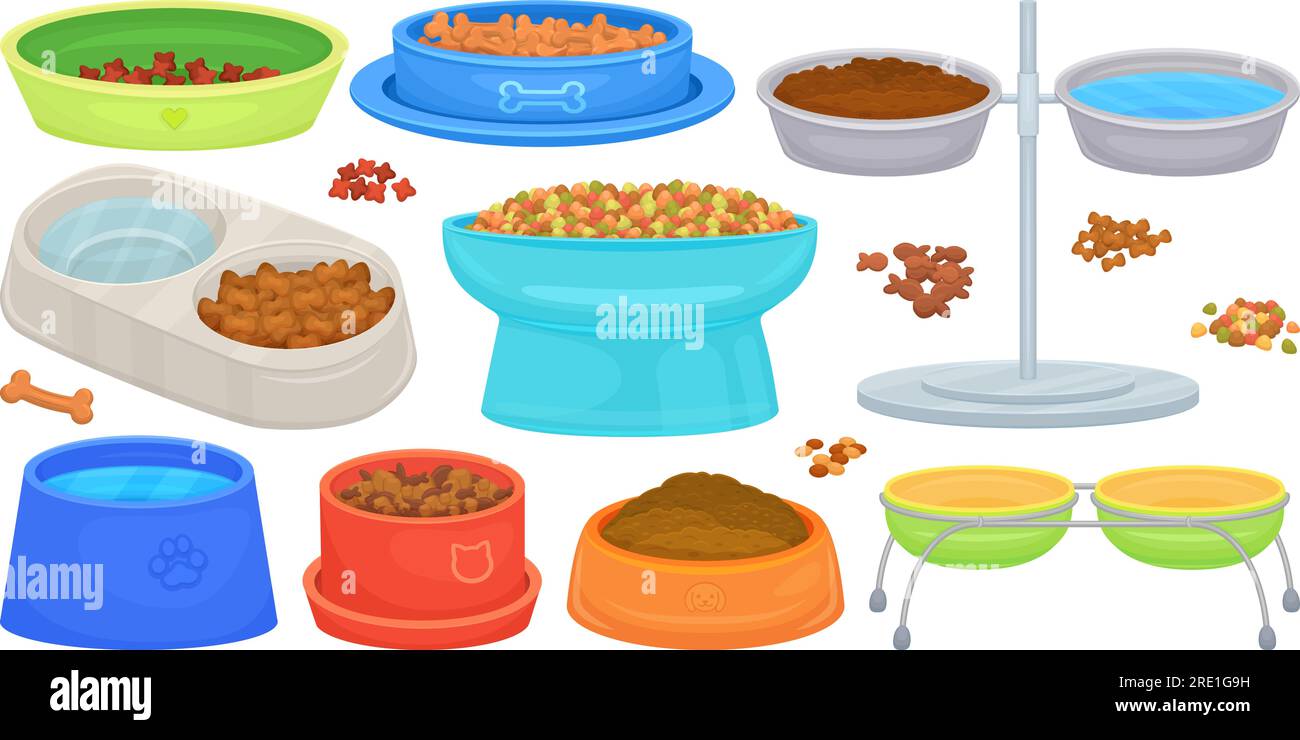 Pet meal bowl. Food containers pets treats, dog plate and cat dish with ...