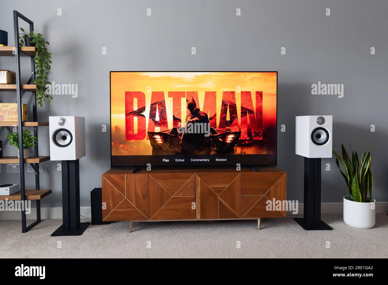 LONDON - JANUARY 06, 2023: PS5 PlayStation 5 games console on 4K TV in ...