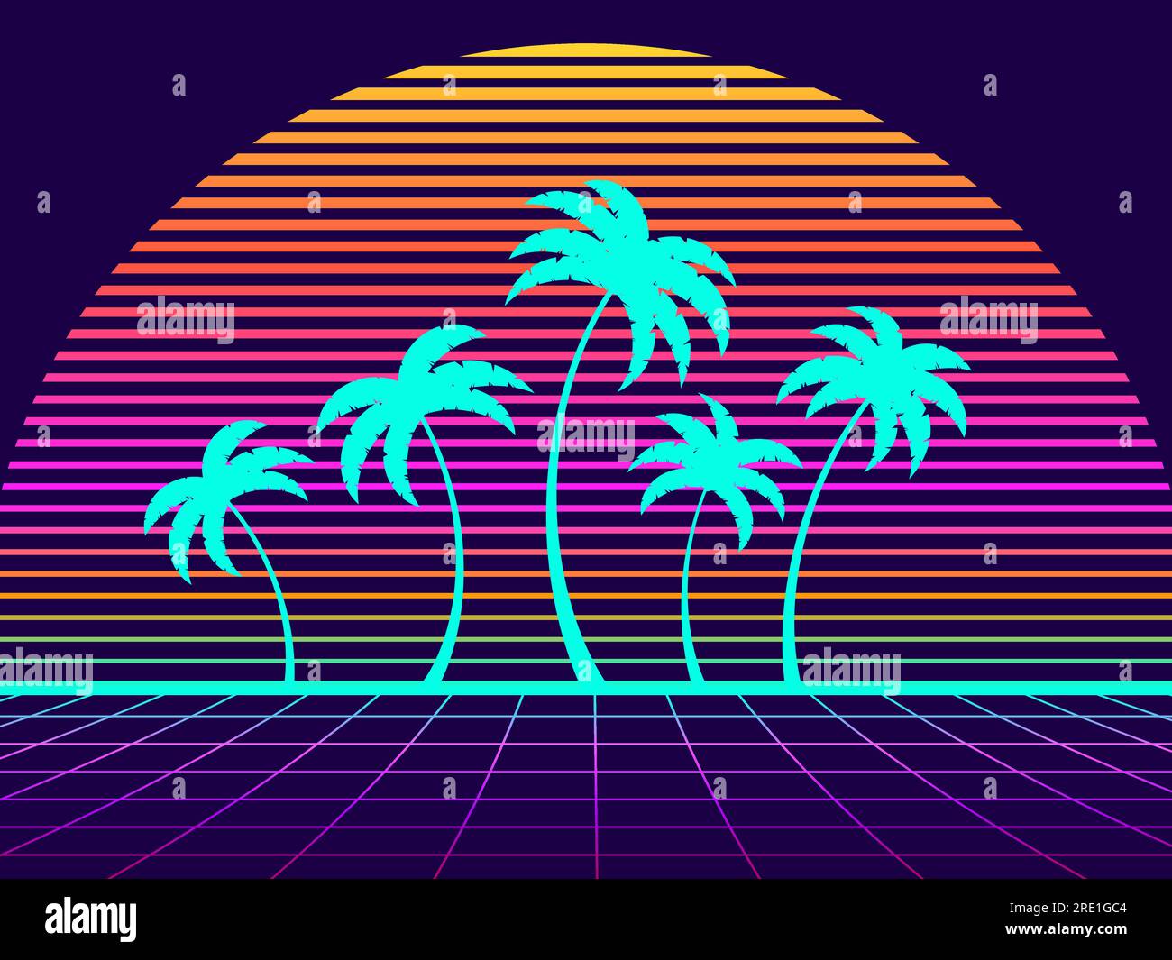 Retro sci-fi background with retro sun, palm trees and 80s style ...
