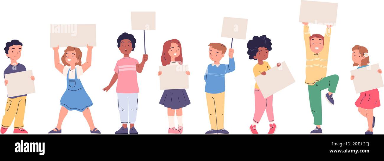 Children holding placards. Kids hold white sheet or banner, protesting ...