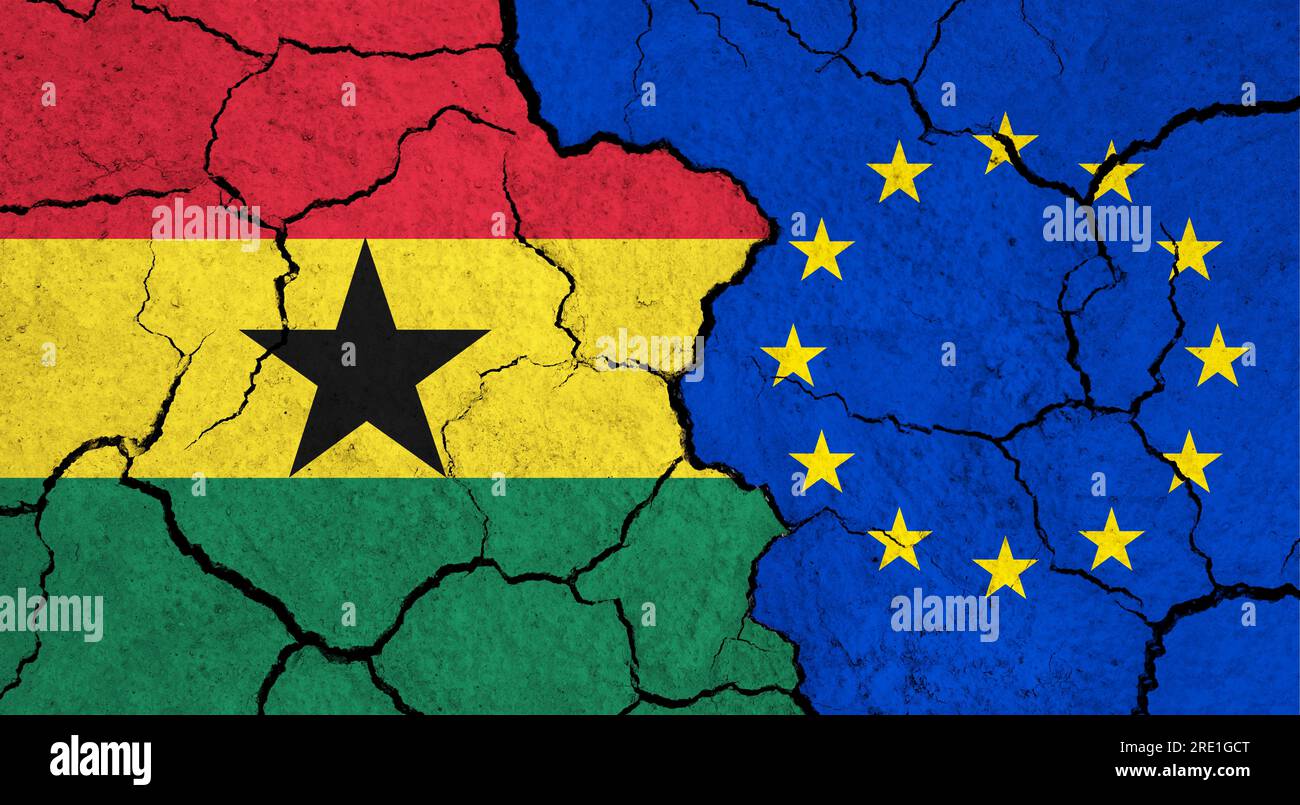 Flags of Ghana and European Union on cracked surface - politics ...