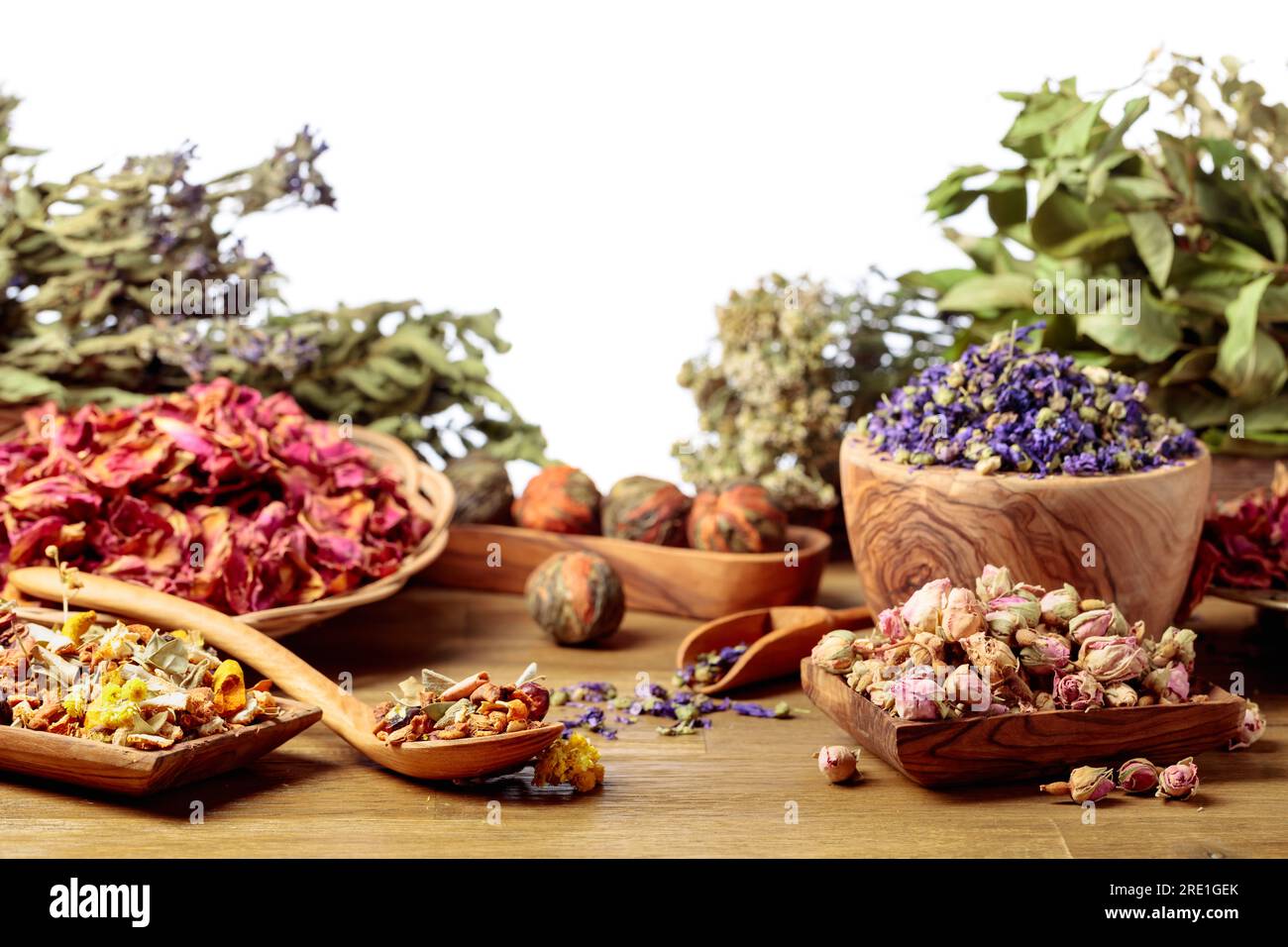 Dry herbal tea mix and various dried medicinal plants, herbs, and ...