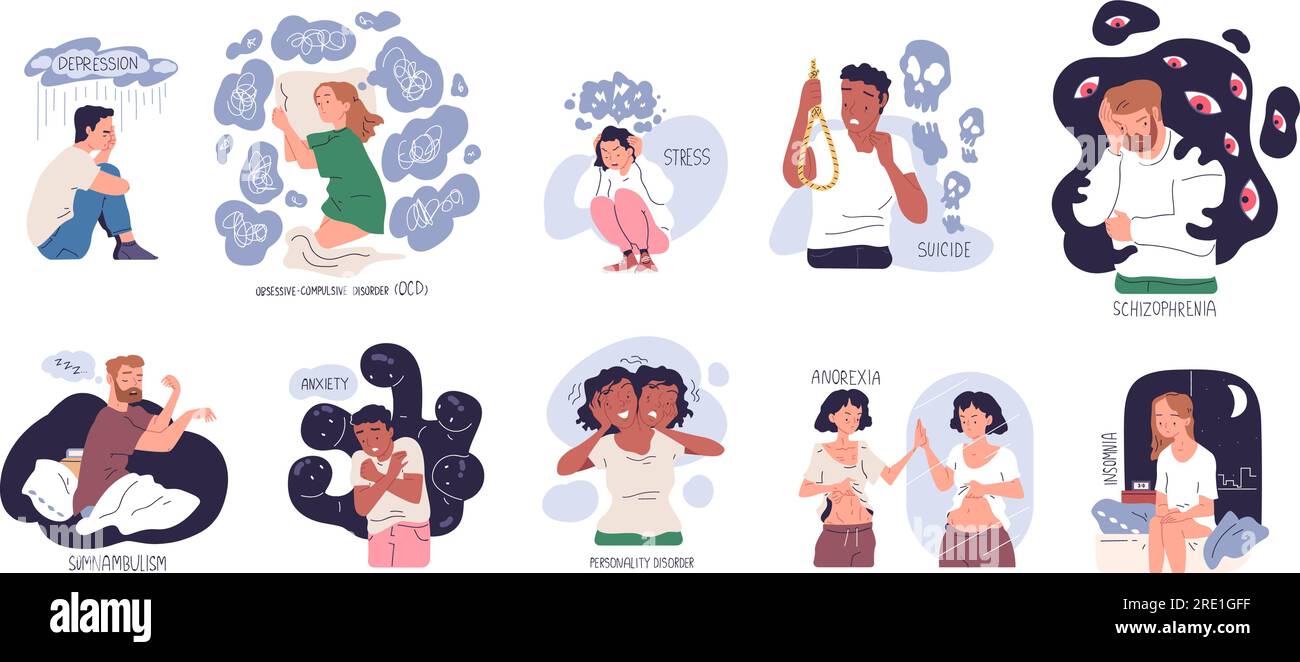 Psychiatric problems. Woman man mental psychic diseases psychological ...