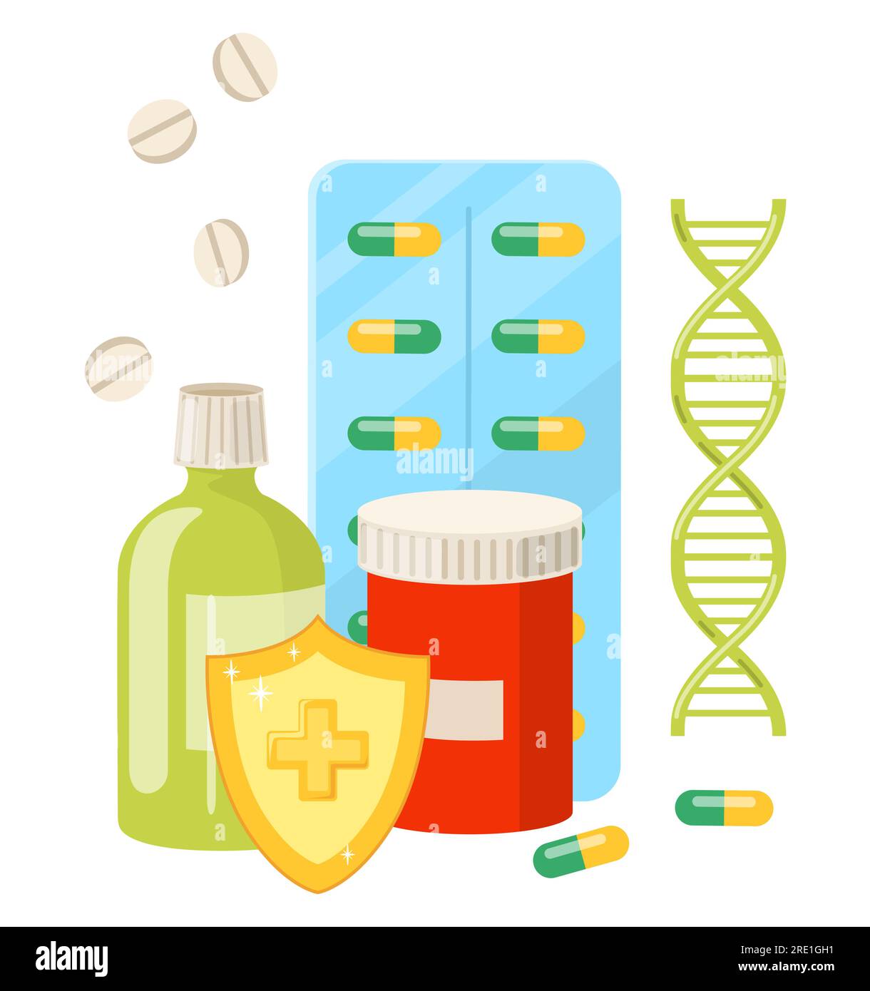 Pills in blister and bottle, liquid drugs with shield poster Stock ...