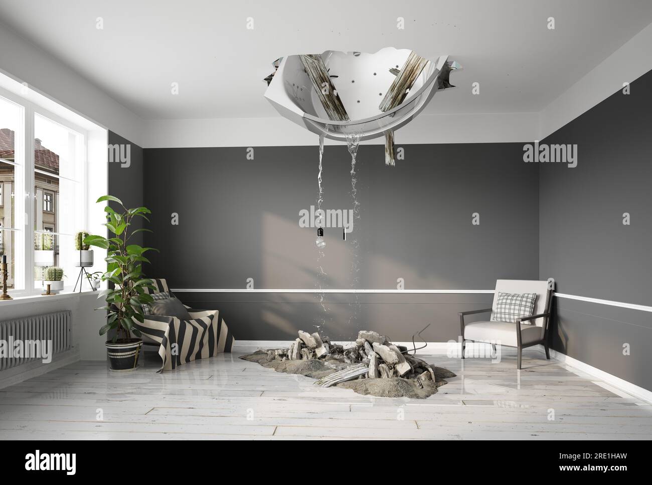 the ceiling is destroyed and broken by the bathroom Stock Photo - Alamy