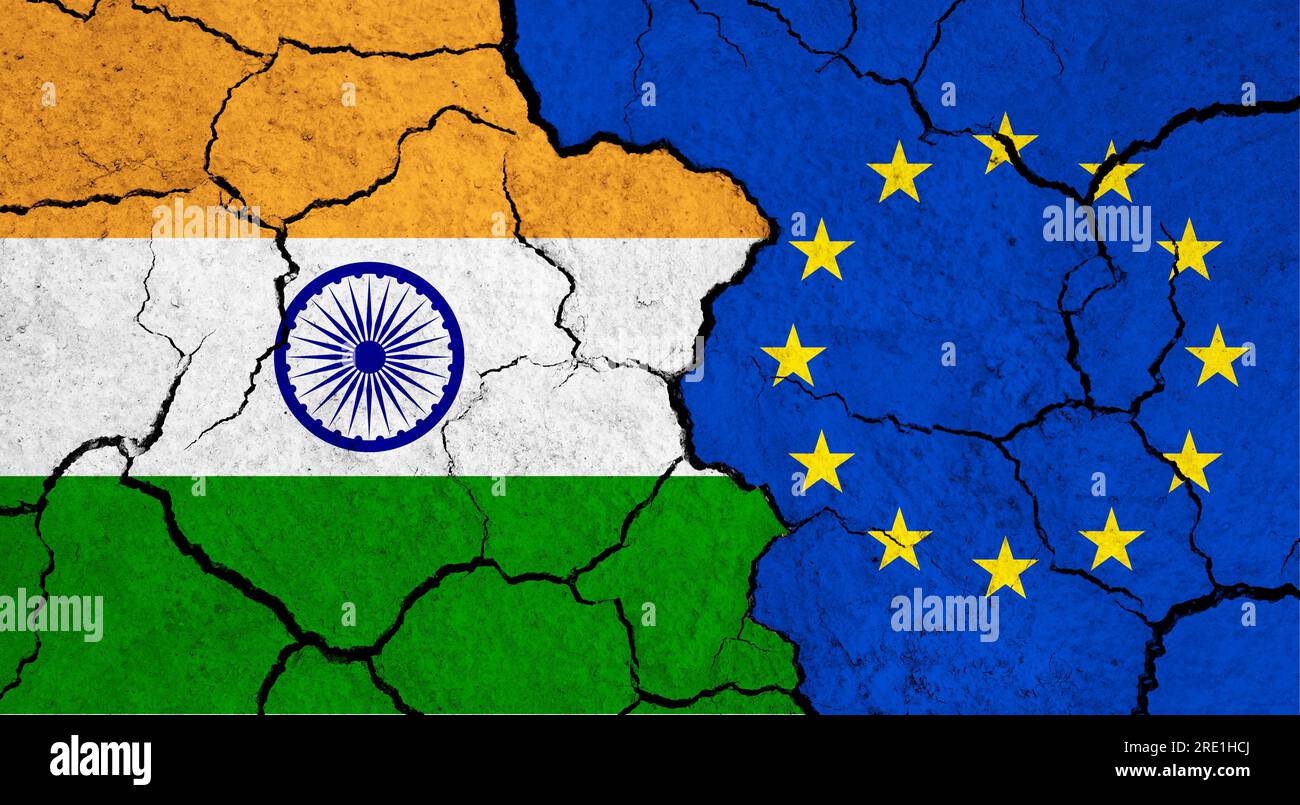 Flags of India and European Union on cracked surface - politics ...