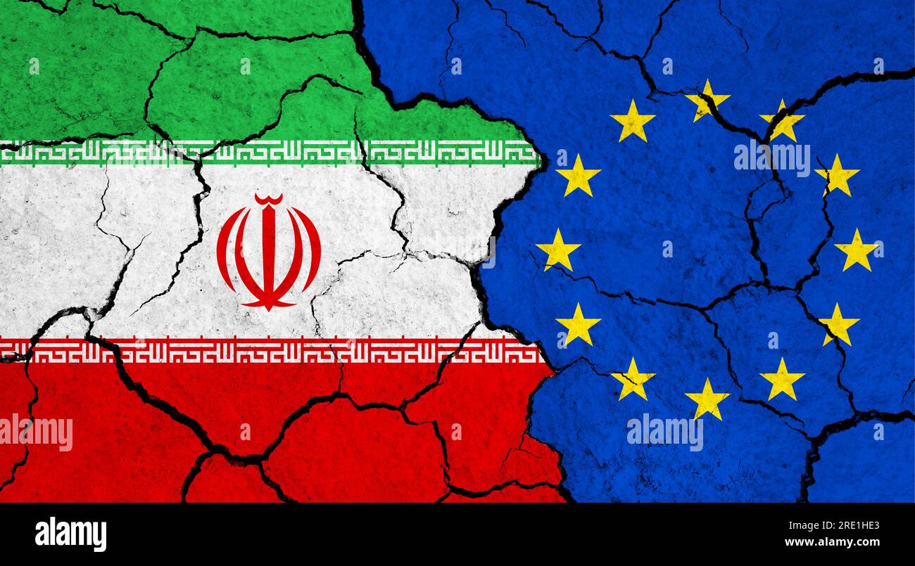 Flags of Iran and European Union on cracked surface - politics ...