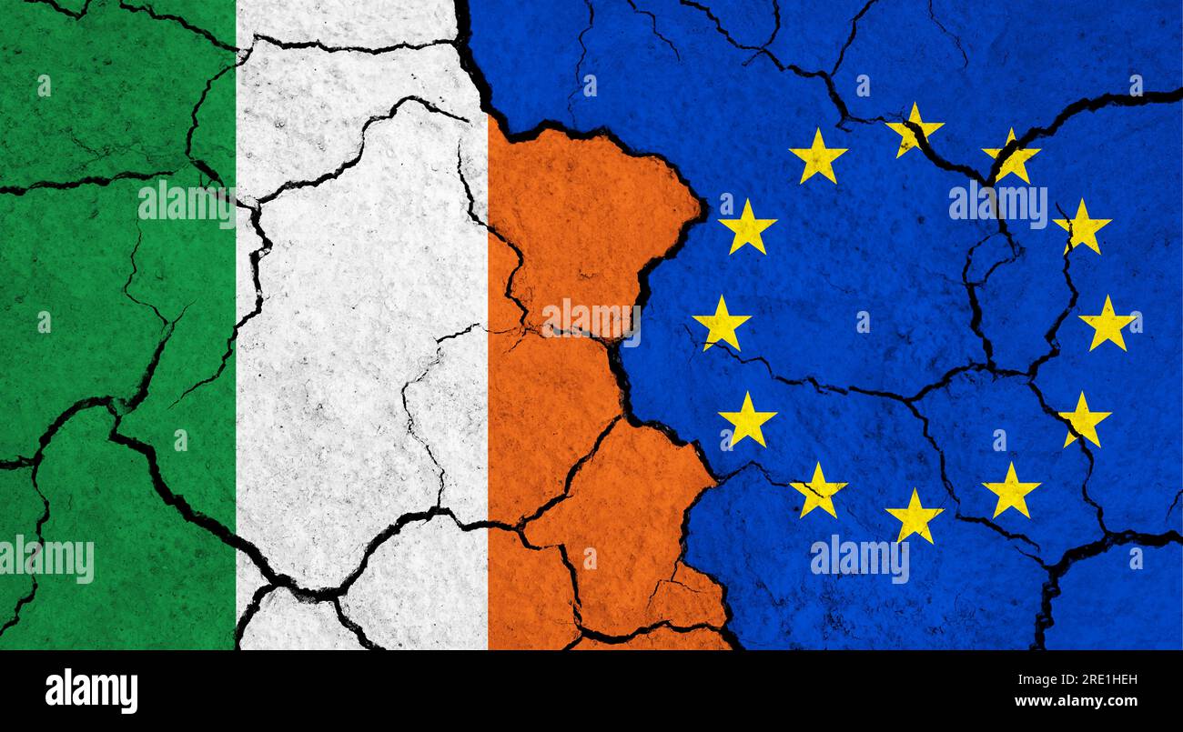 Flags of Ireland and European Union on cracked surface - politics ...