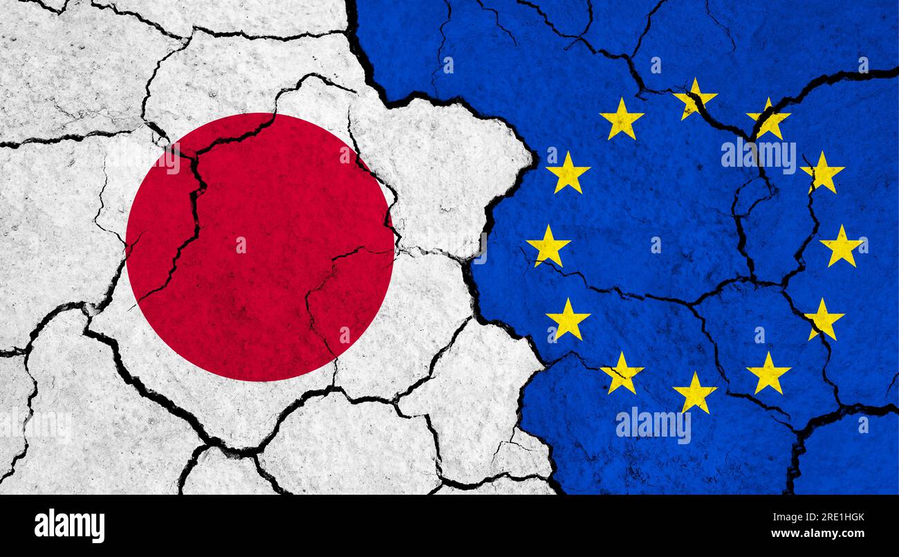 Flags of Japan and European Union on cracked surface - politics ...