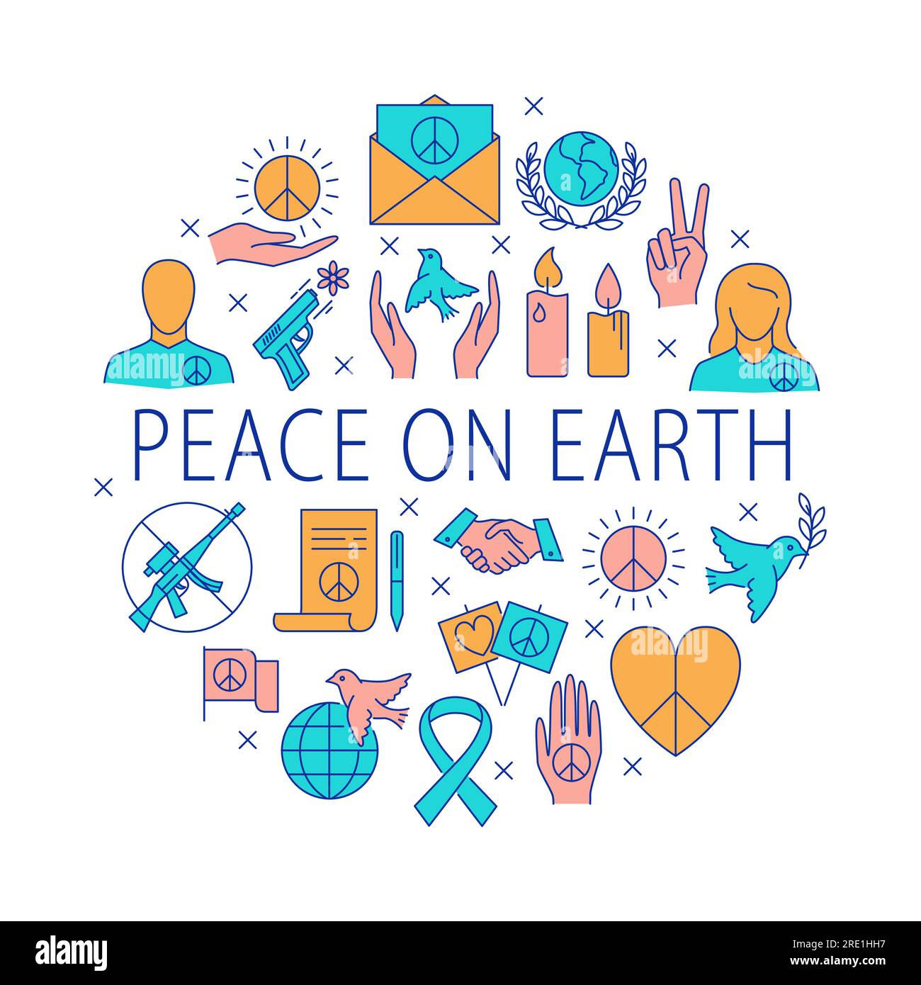 Peace on Earth round banner in colored line style. Vector illustration ...