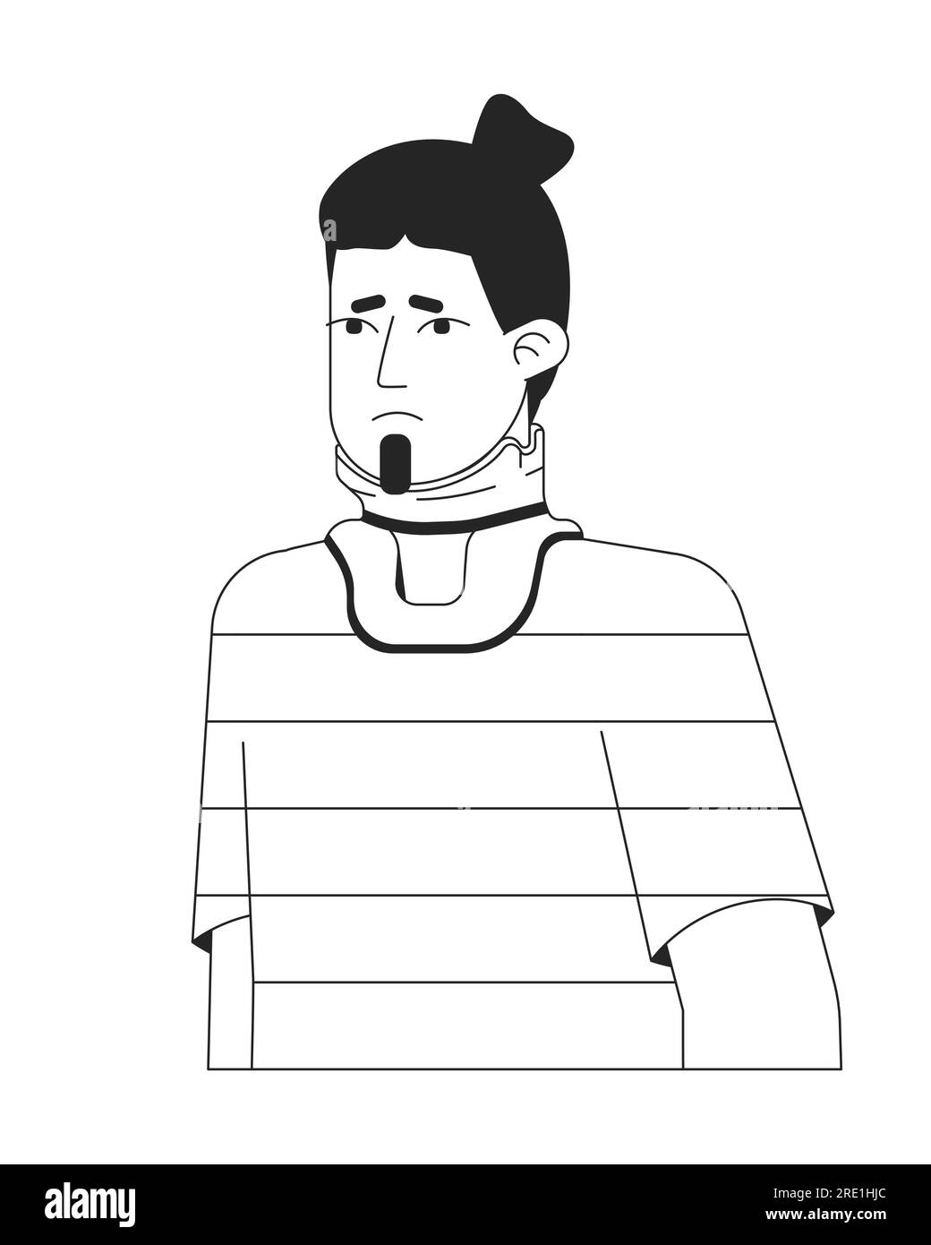 Unhappy guy has neck injury flat line black white vector character ...