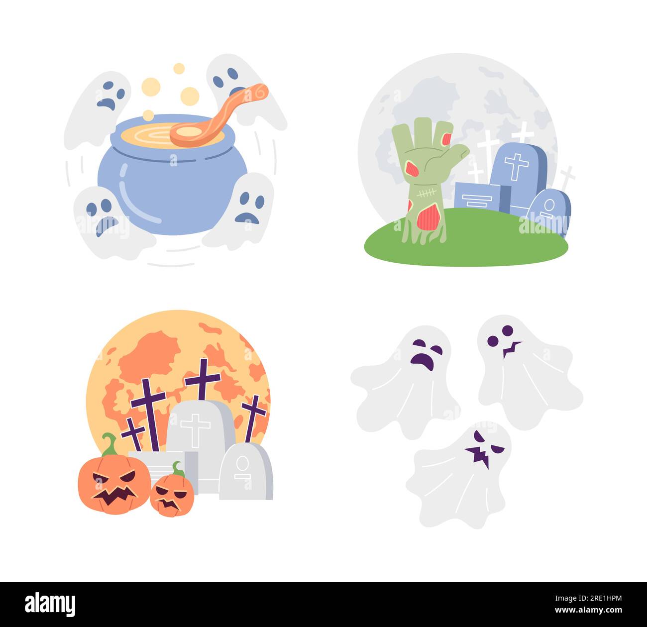 Graveyard Halloween party flat concept vector spot illustration set ...
