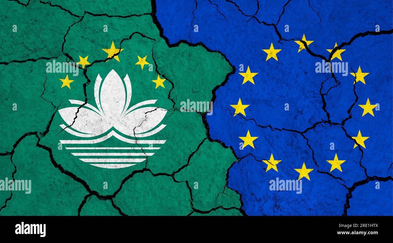 Flags of Macau and European Union on cracked surface - politics ...