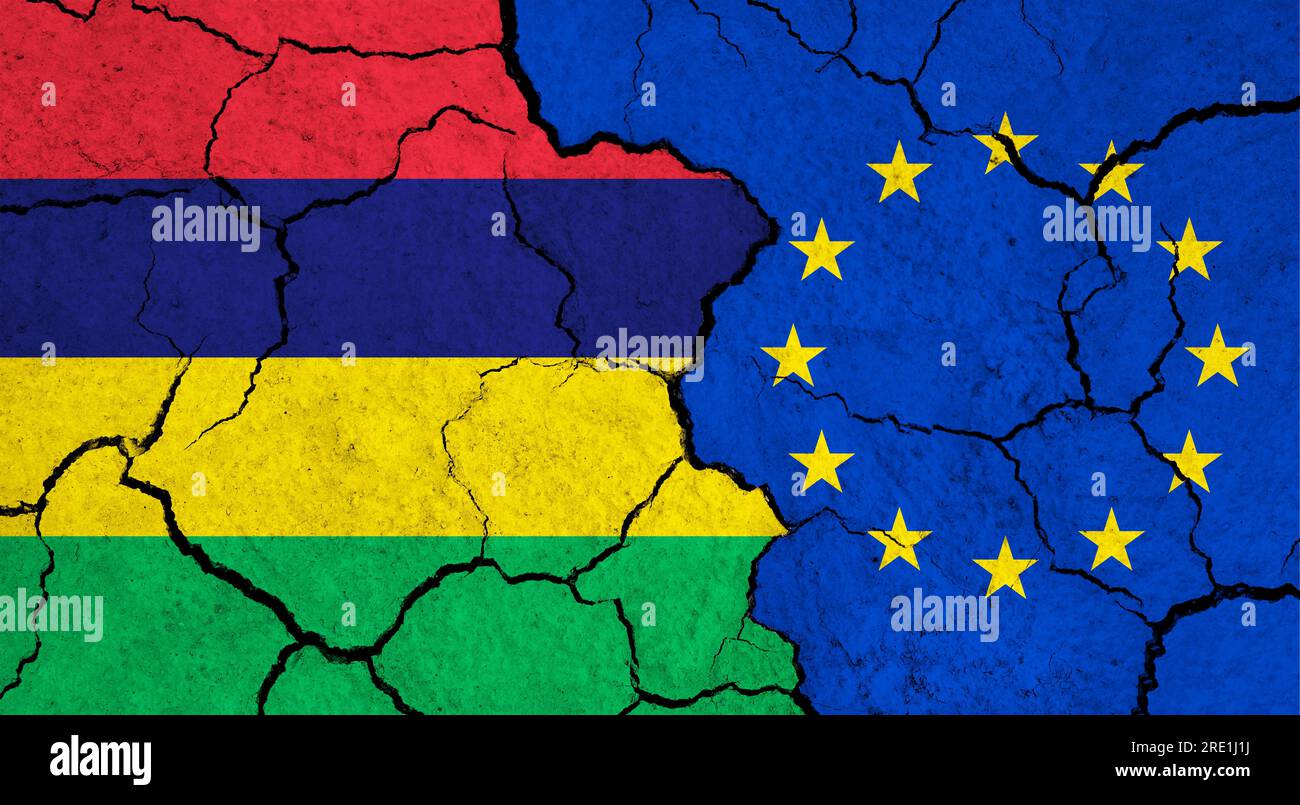 Flags of Mauritius and European Union on cracked surface - politics ...