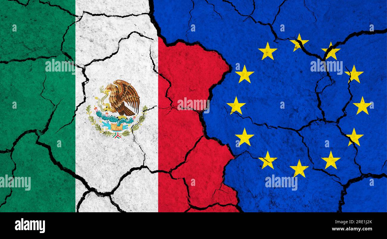 Flags of Mexico and European Union on cracked surface - politics ...