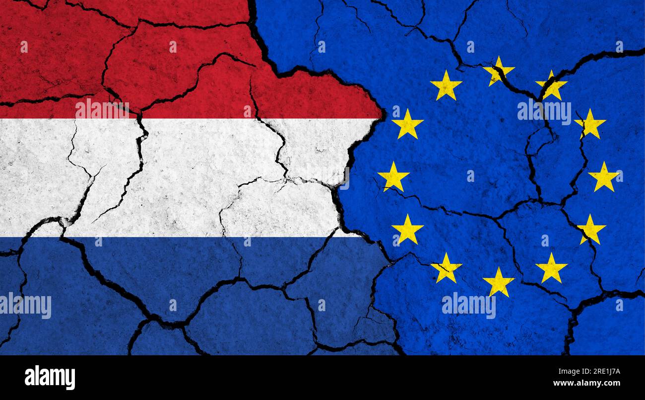 Flags of Netherlands and European Union on cracked surface - politics ...