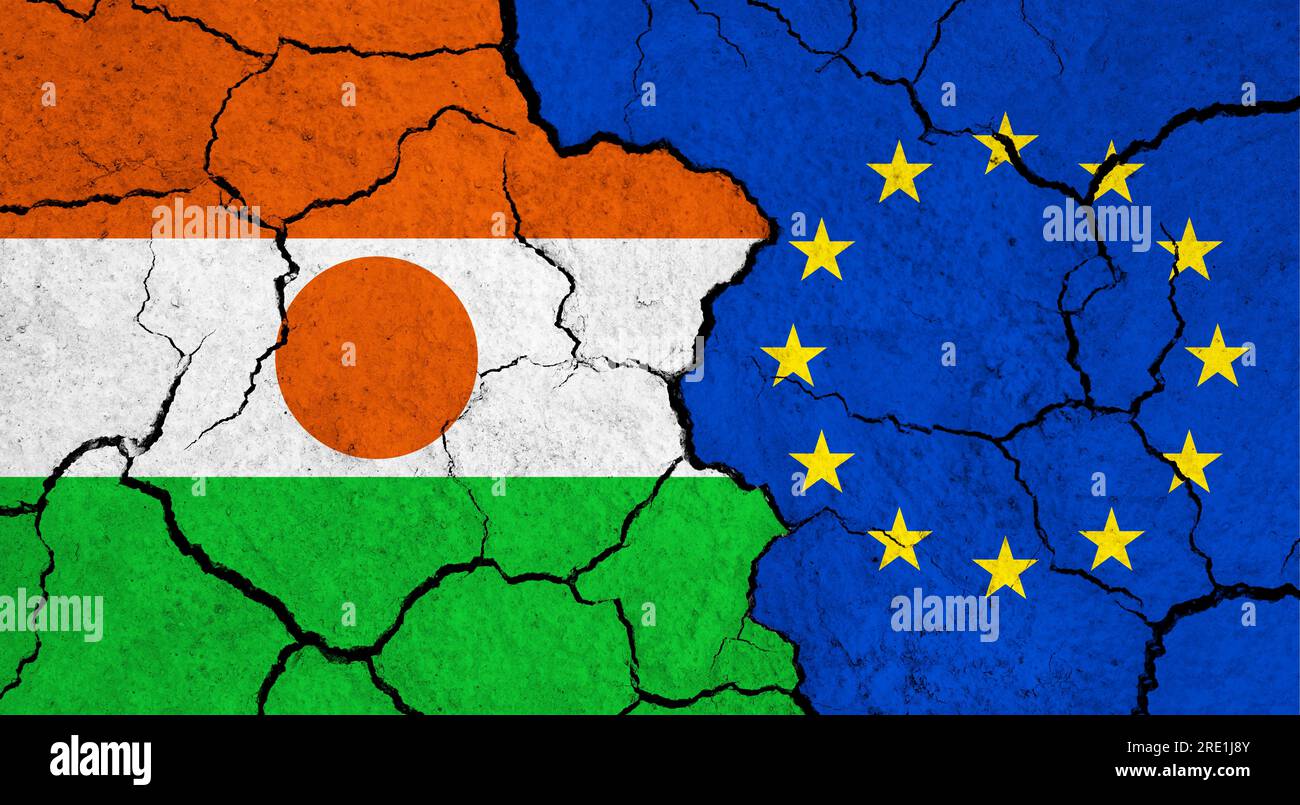Flags of Niger and European Union on cracked surface - politics ...