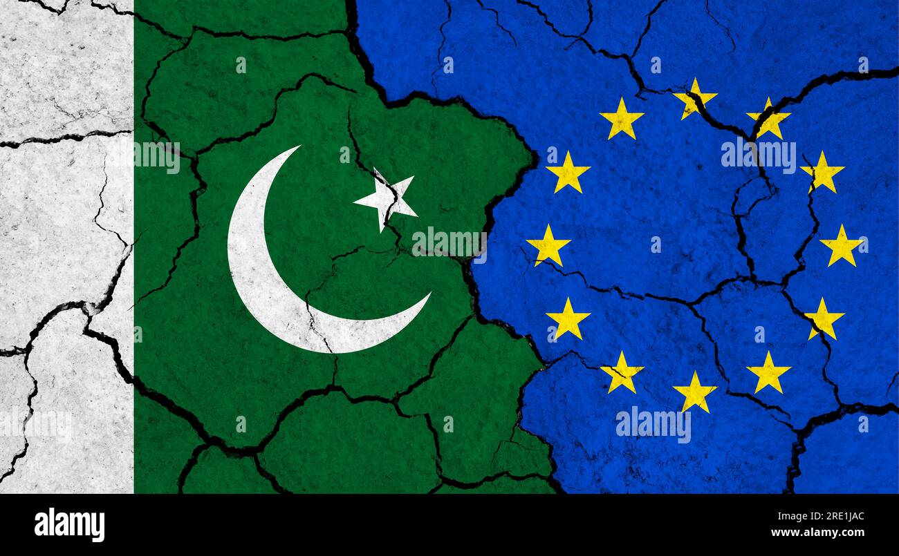 Flags of Pakistan and European Union on cracked surface - politics ...