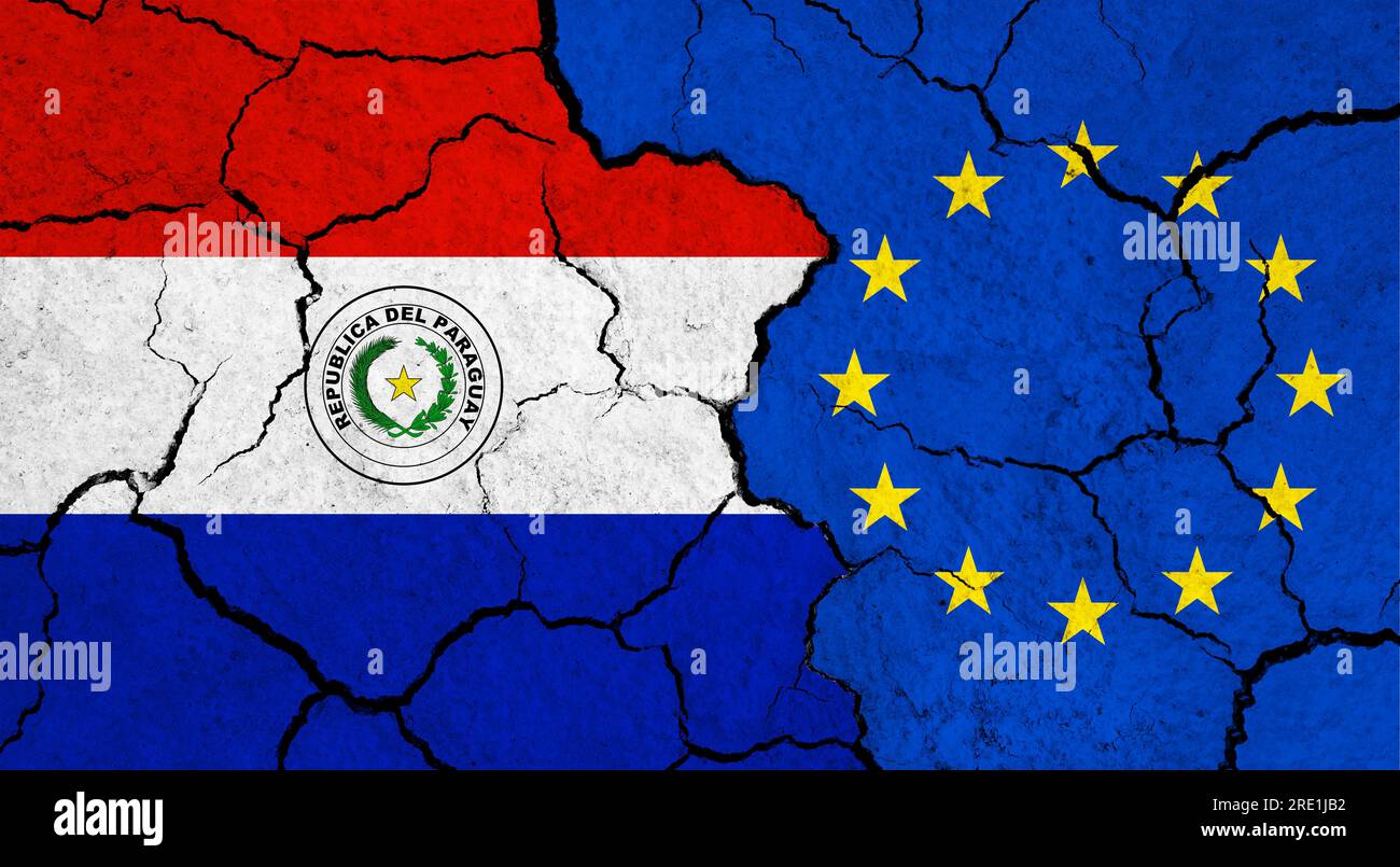 Flags of Paraguay and European Union on cracked surface - politics ...