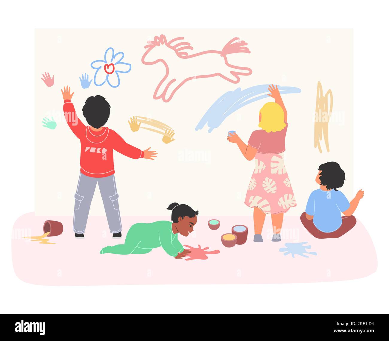 Kids painting party vector illustration with happy children drawing ...