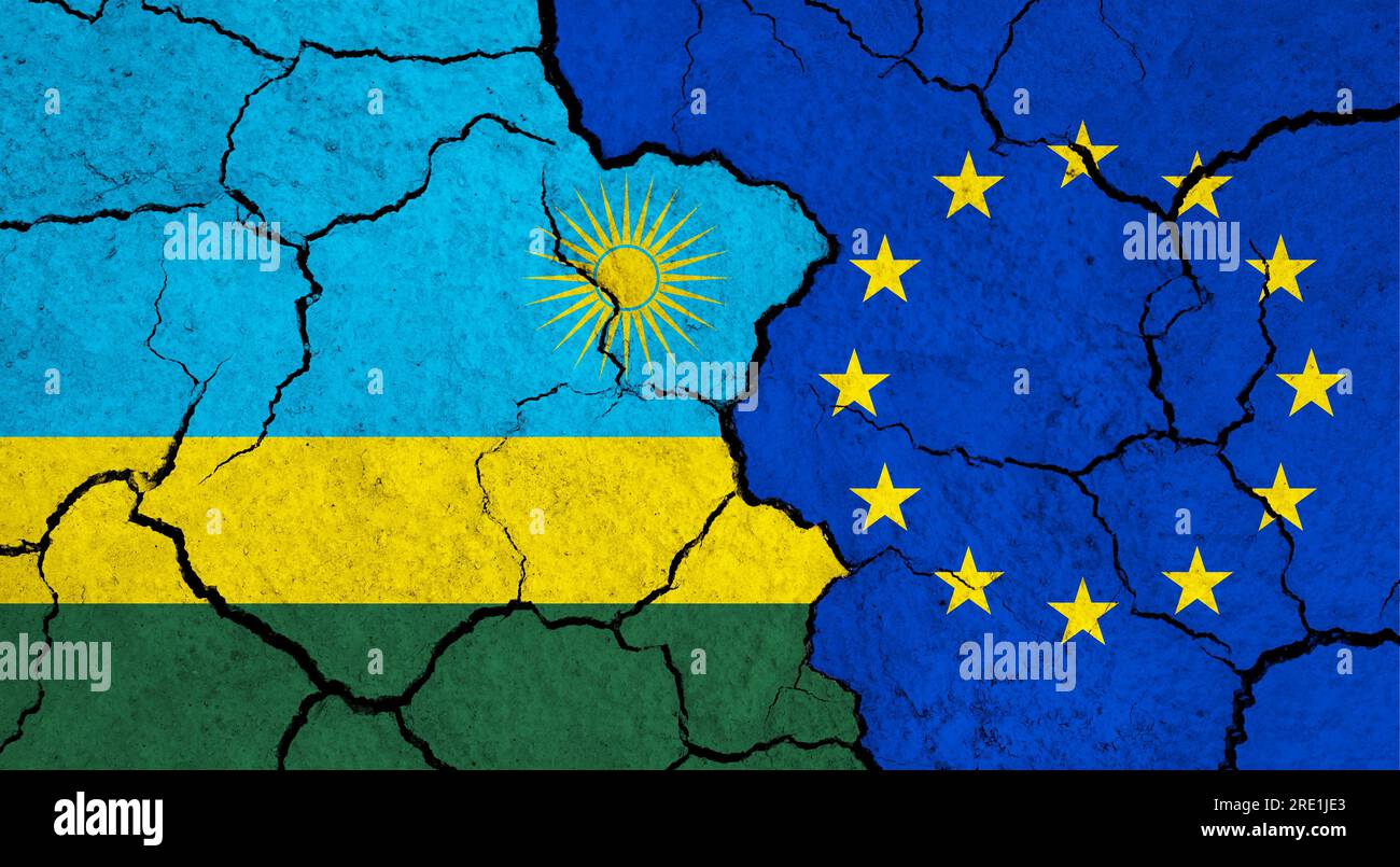 Flags of Rwanda and European Union on cracked surface - politics ...