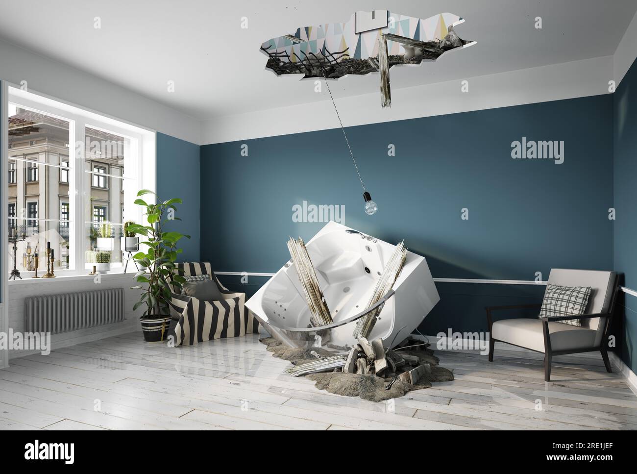 the ceiling is destroyed and broken by the bathroom Stock Photo - Alamy