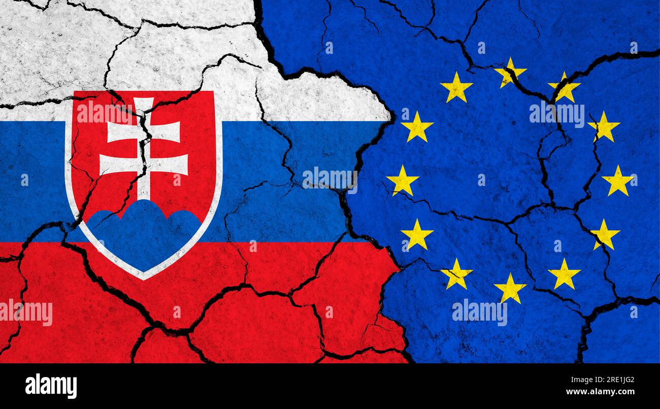 Flags of Slovakia and European Union on cracked surface - politics ...