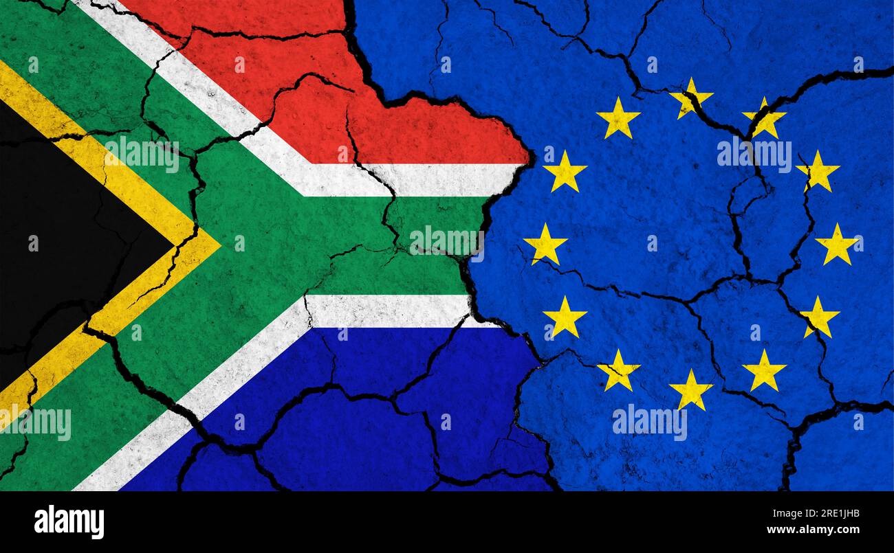 Flags of South Africa and European Union on cracked surface - politics ...