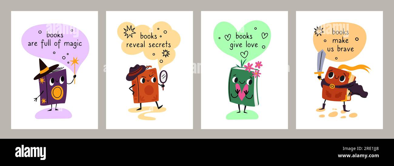 Books characters cards. Cartoon literature mascots with motivating text ...