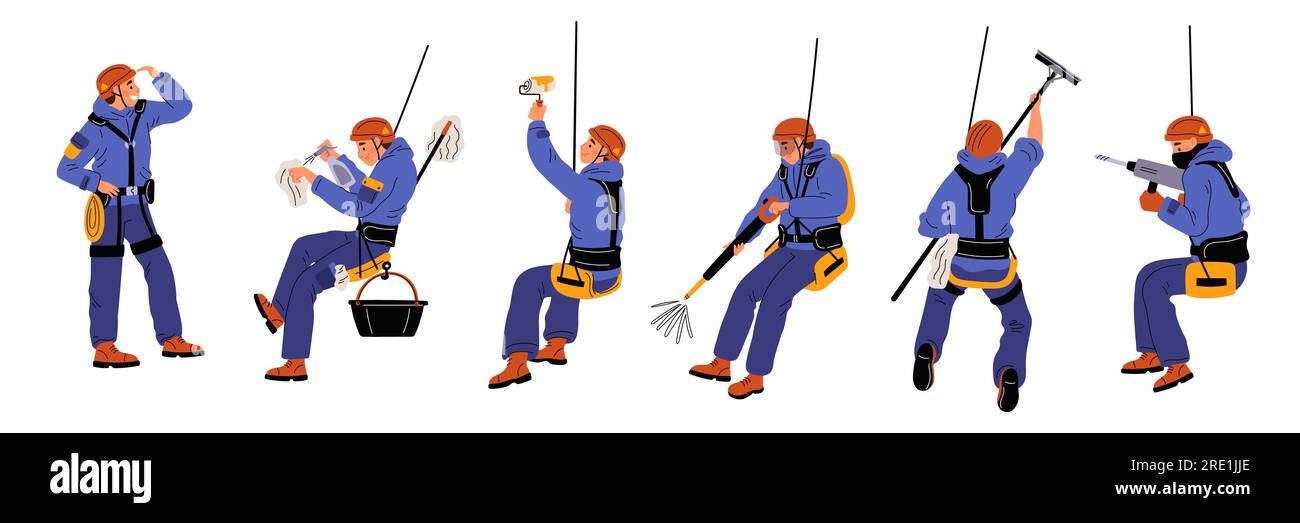 Cartoon industrial climber character. Man in uniforms hanging on safety ...