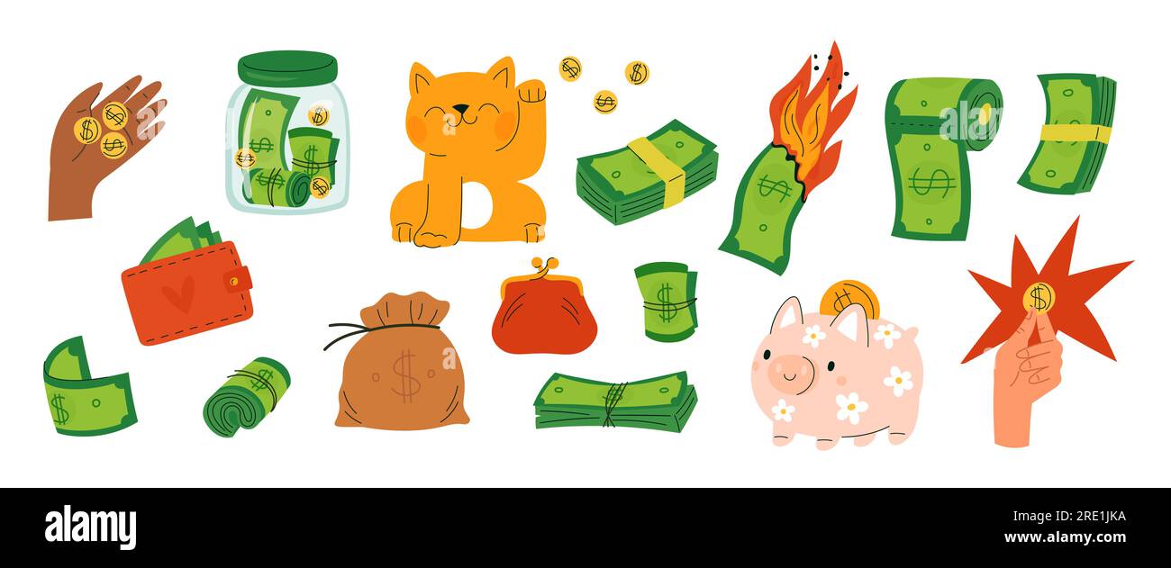 Cartoon money. Green banknotes and golden coins. Currency paper ...