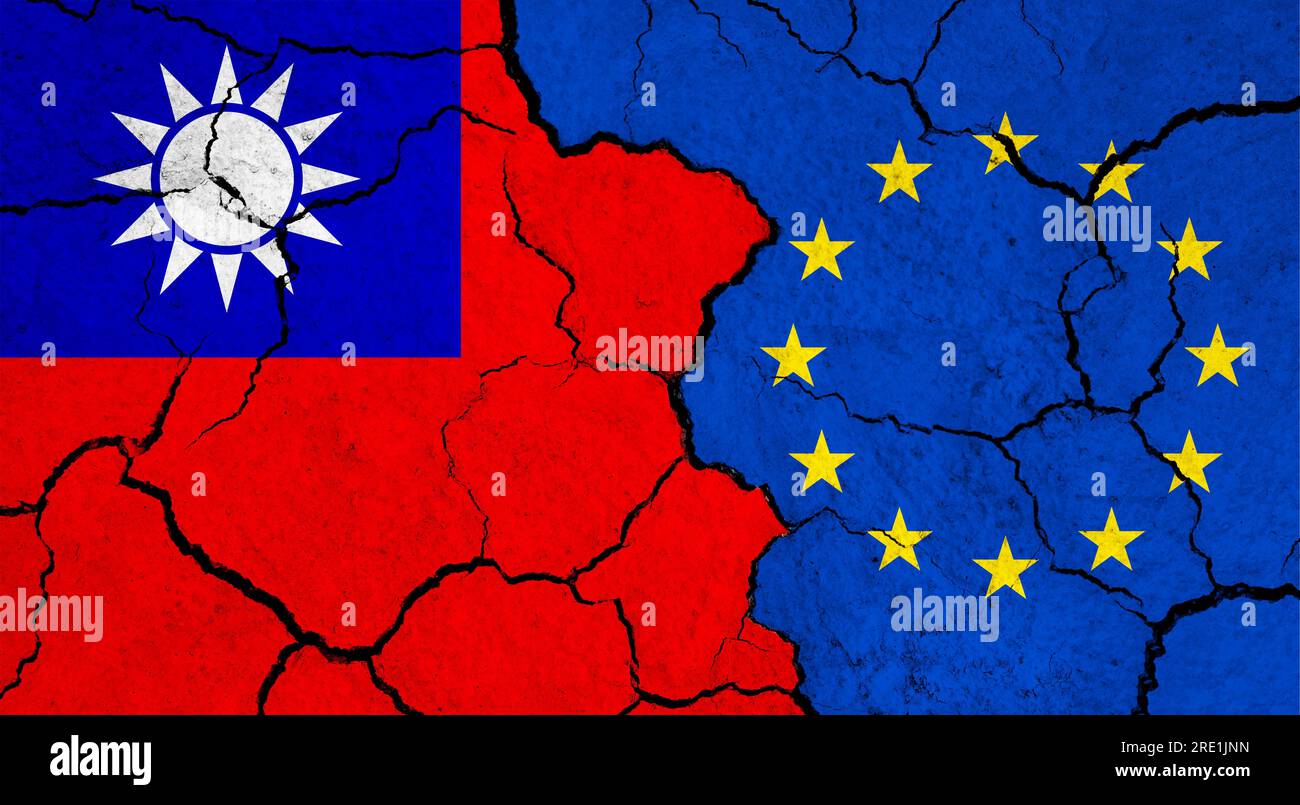 Flags of Taiwan and European Union on cracked surface - politics ...