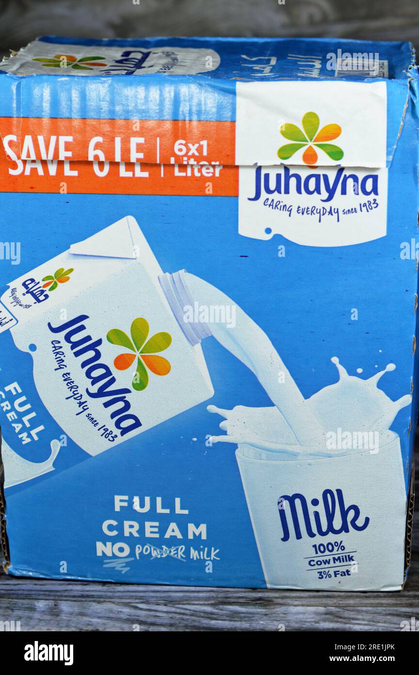 Giza, Egypt, July 21 2023: Juhayna full cream fresh cow's milk carton ...