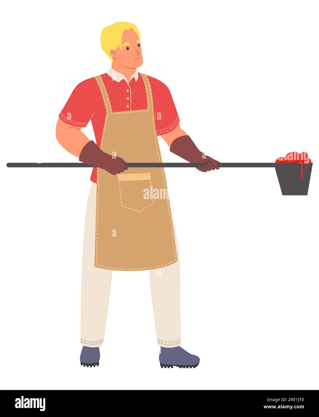 Blacksmith character wearing in apron carrying molten metal in ladle ...