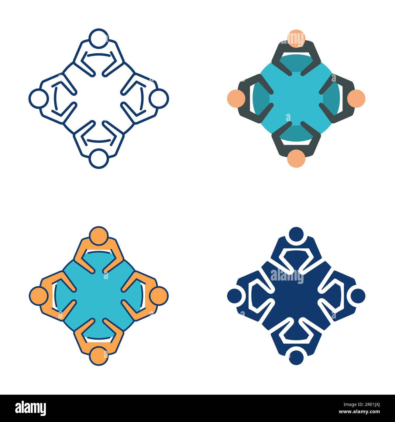 Round table business meeting icon set in flat and line style ...