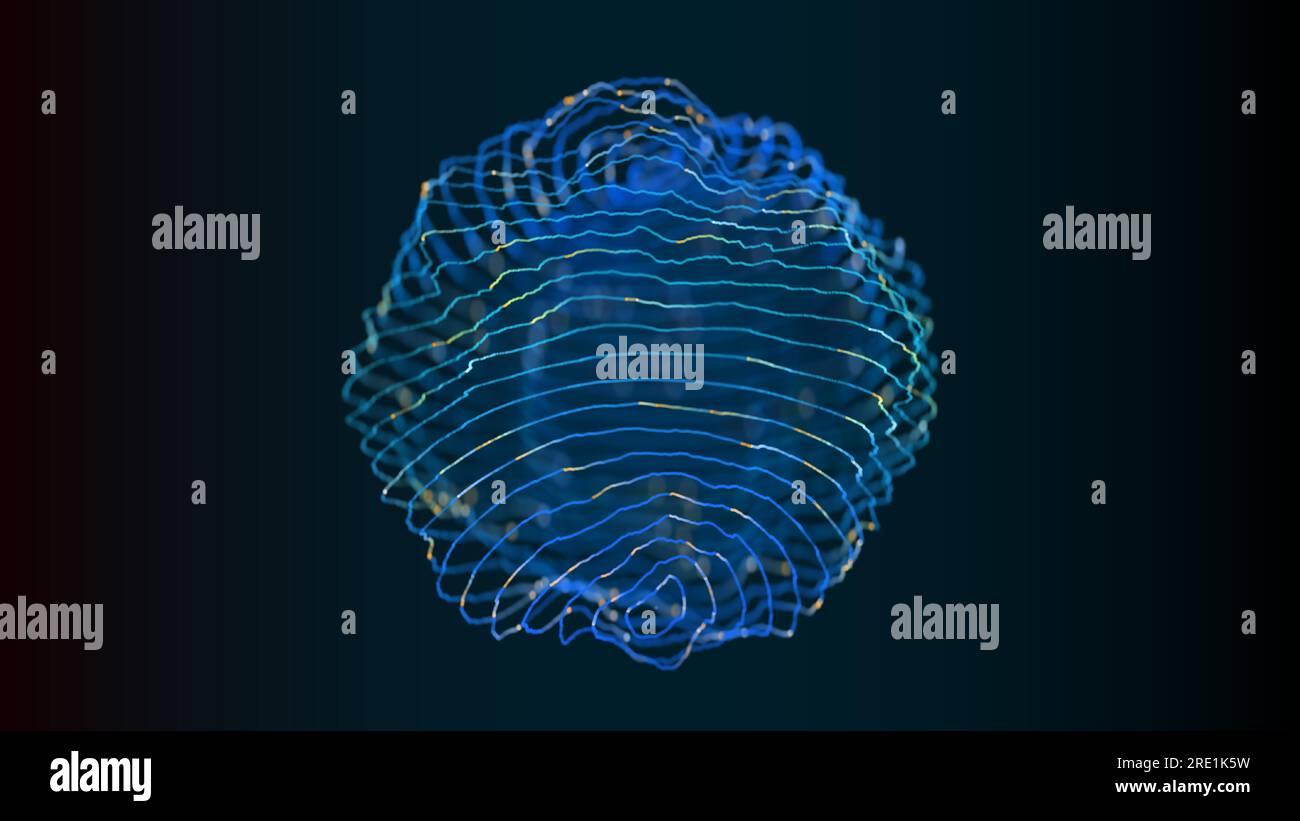 Abstract blue particles sphere from deformed lines. Bright dots background. Sci-Fi surface ...