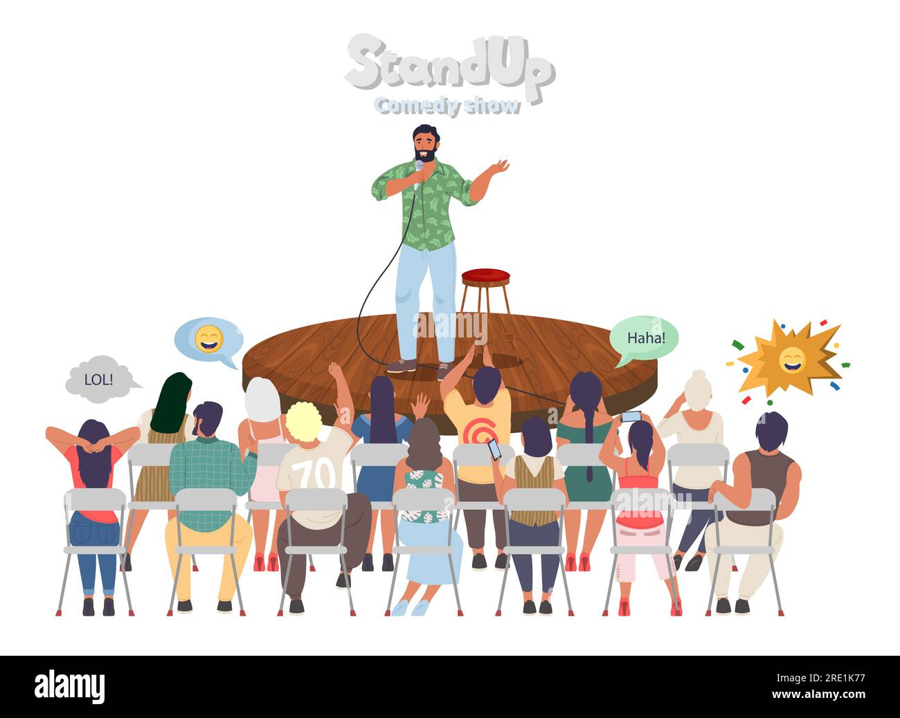 Scand up comedy show vector illustration with male comic performing ...