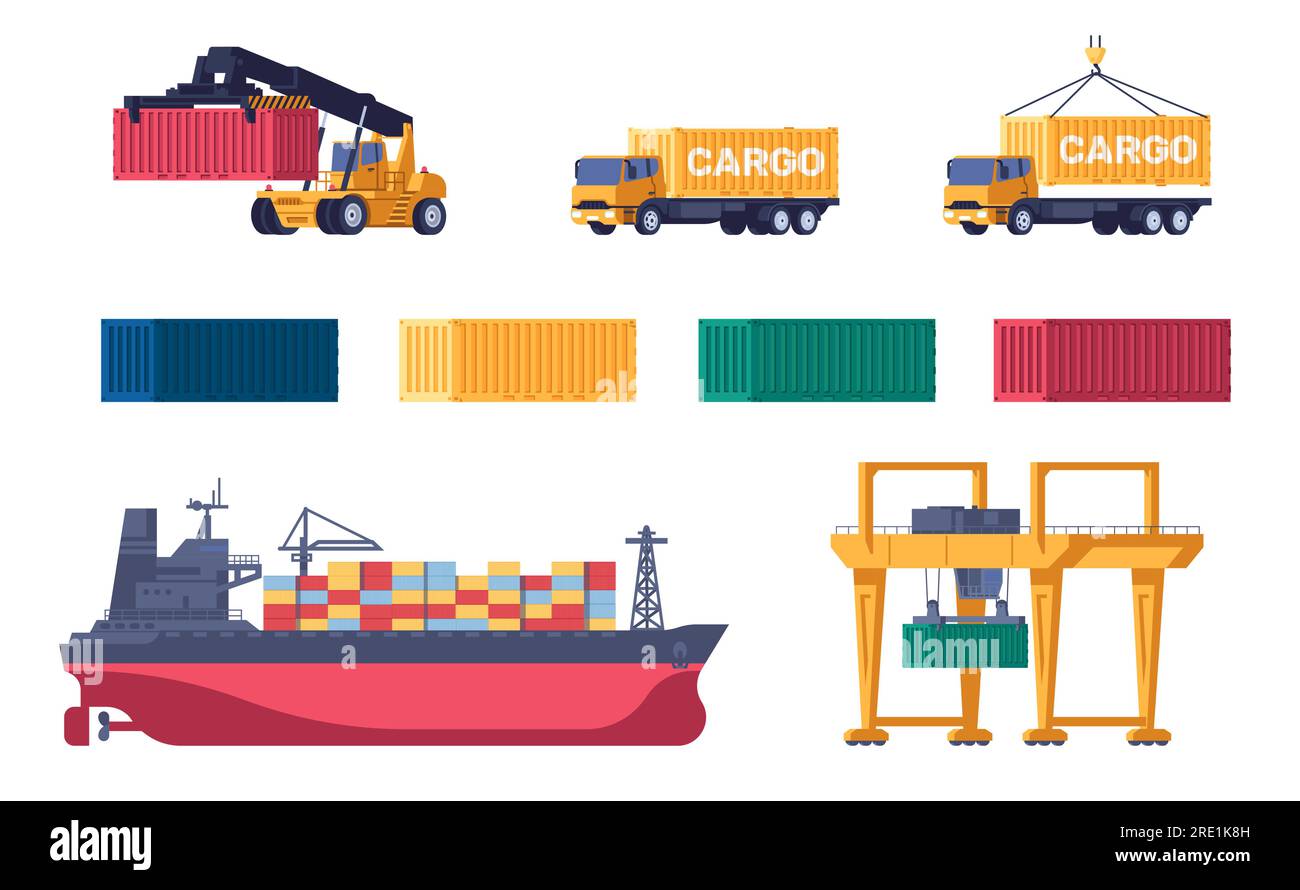 Seaport equipment. Seagoing cargo ship. Container loaders with cranes ...