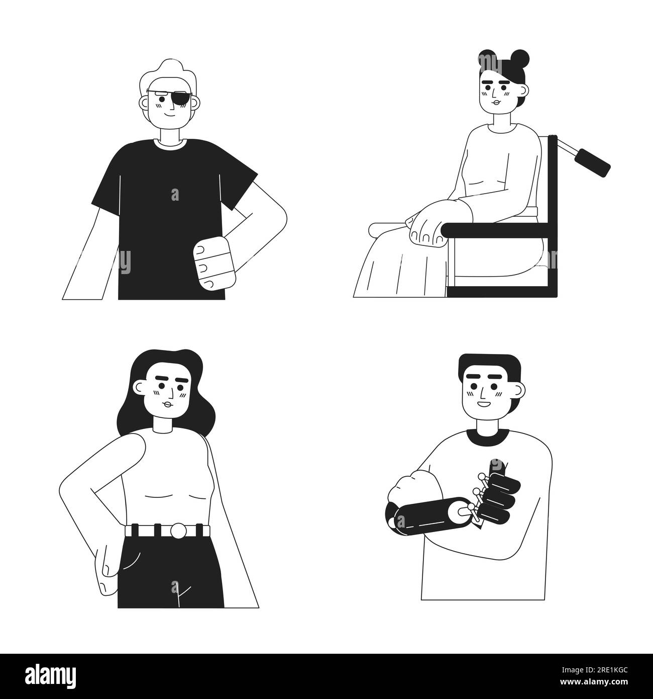 People With Disability Monochromatic Flat Vector Characters Pack Stock