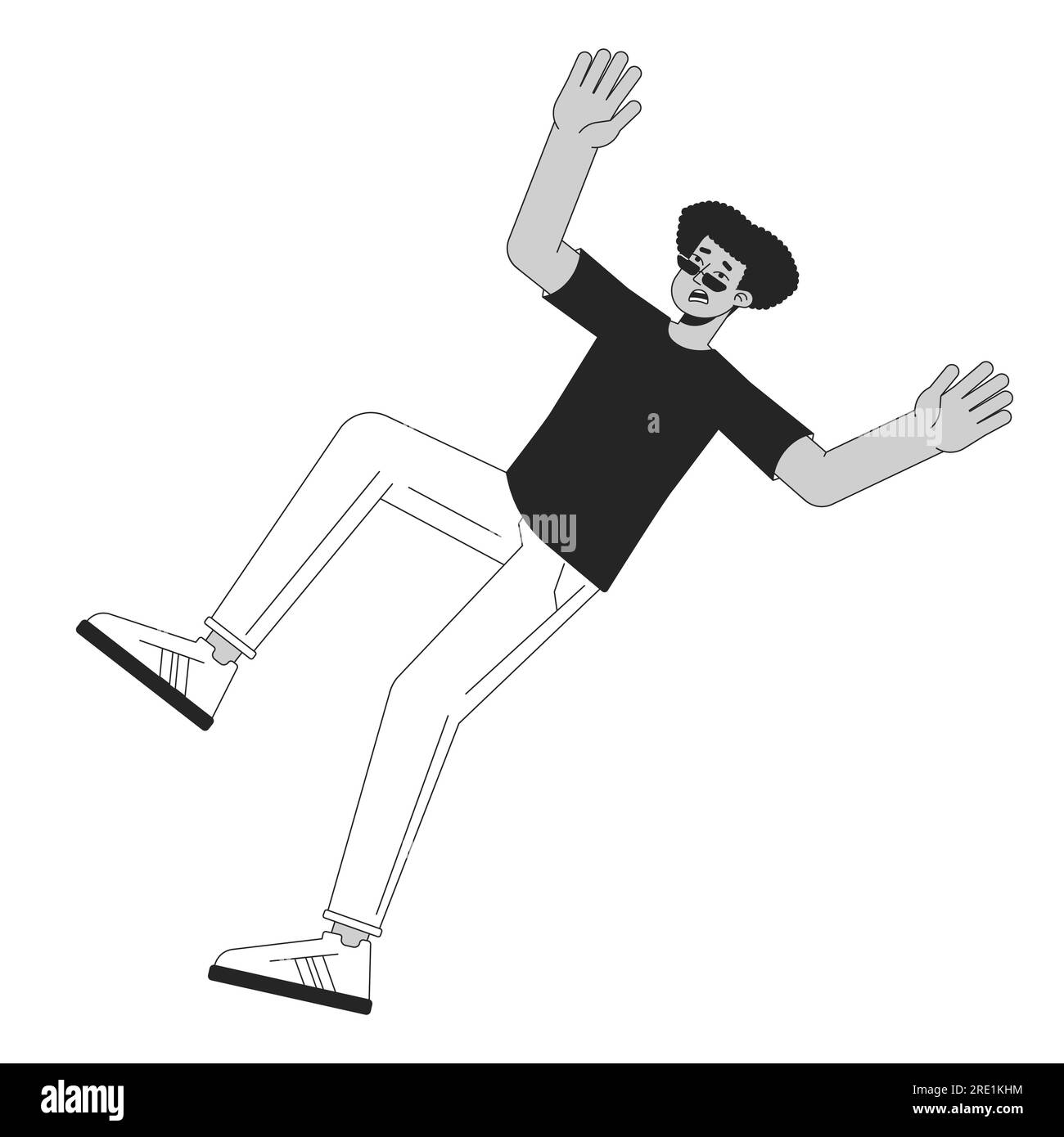 Scared african american man falls flat line black white vector ...