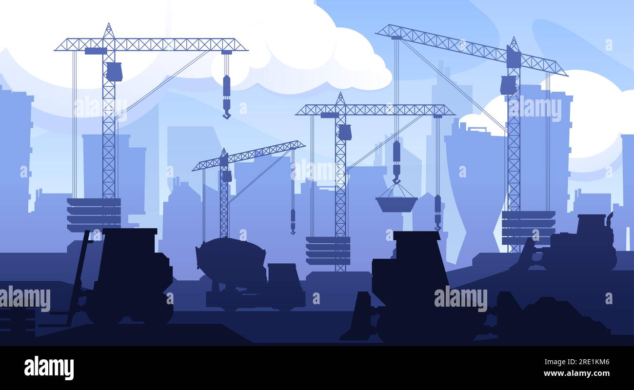 Panoramic construction with machinery. Earth moving equipment, dump ...